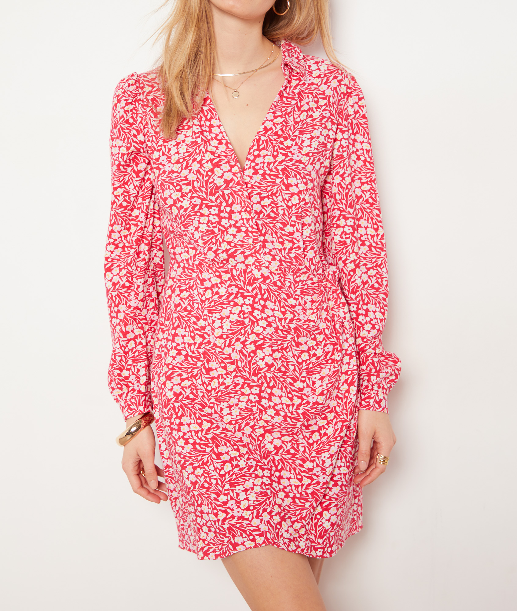 Robe courte fleurie manches longues TOCO IMP FD CORAIL - ETAM